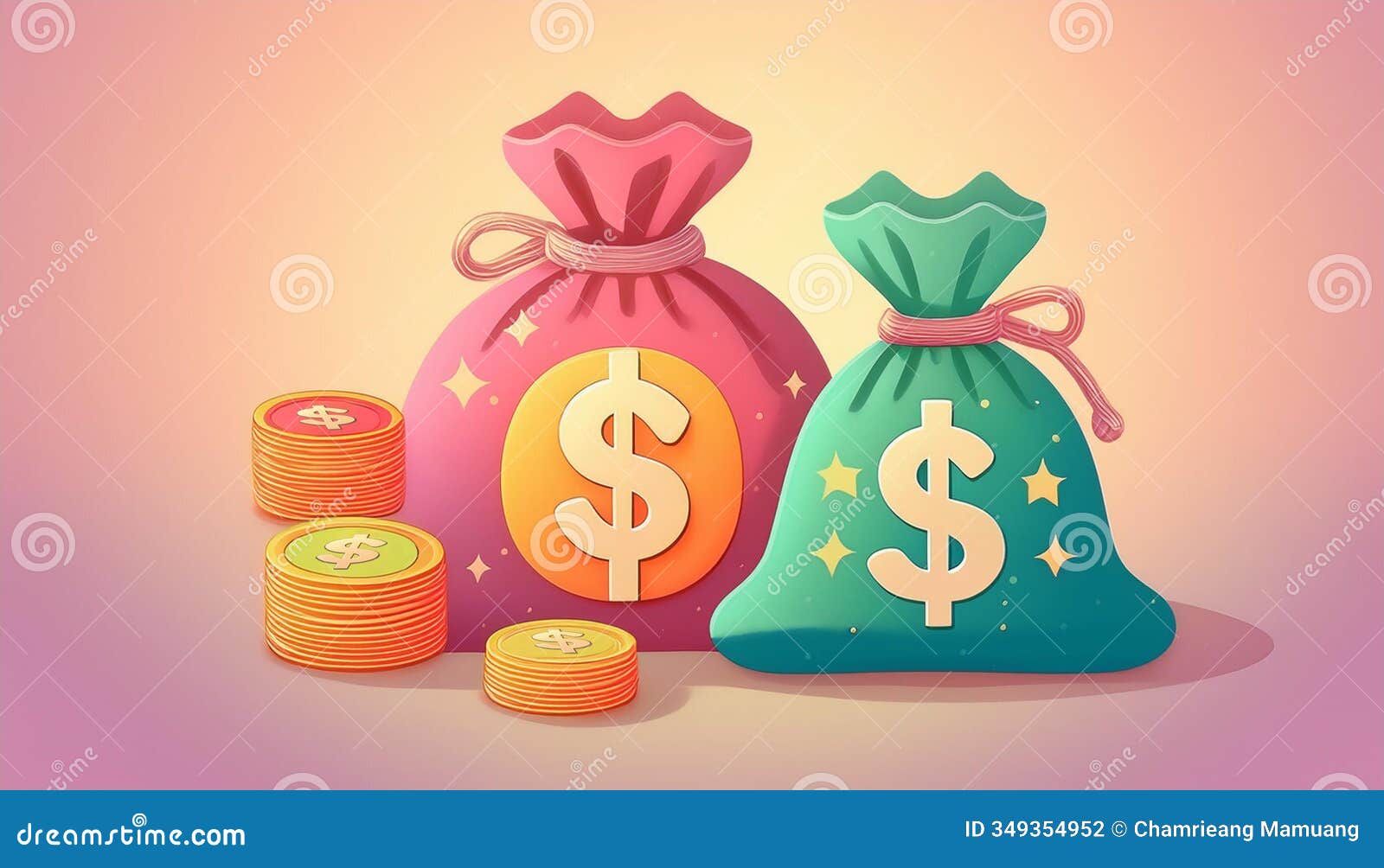 3D Rendering Concept, Symbols Icon Money Bag, Coins Stack and Banknotes ...