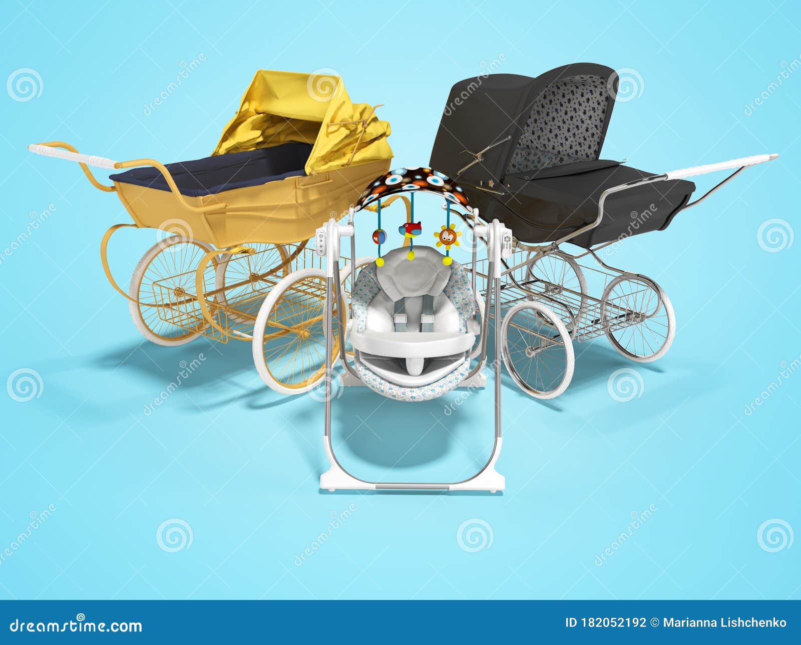3d Rendering Concept Yellow And Black Baby Strollers For Child With ...