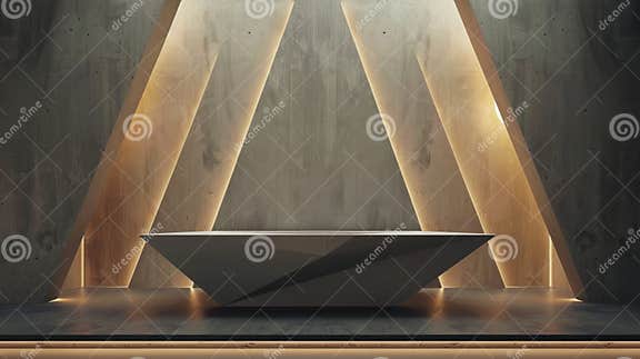 A 3d Rendering of a Concrete Room with a Triangular Platform in the ...