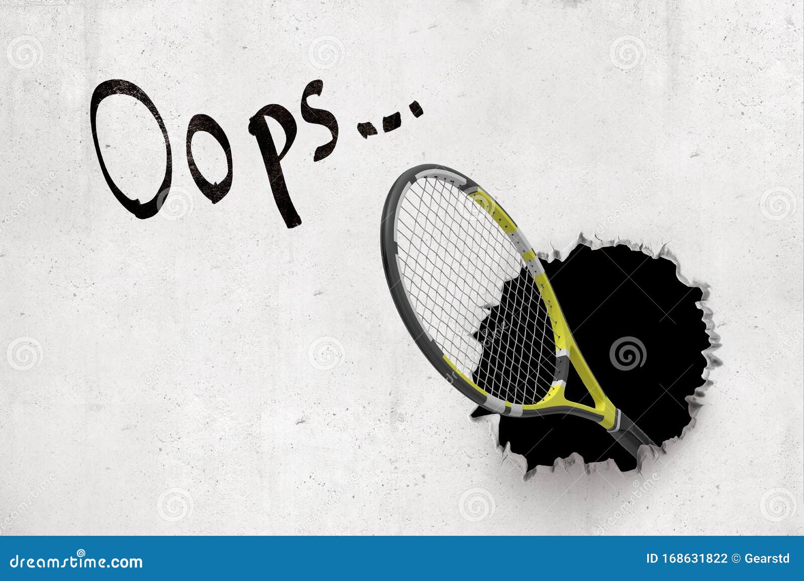 3d Rendering of Concrete Wall with Title `Oops` and Tennis Racket ...