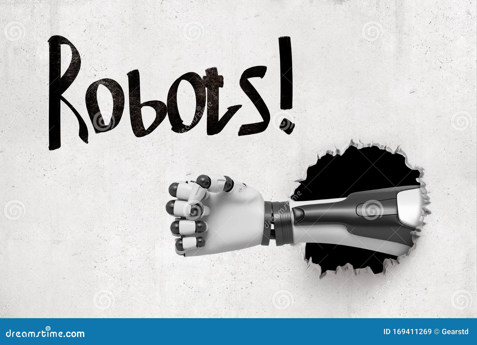 3d Rendering of Concrete Wall with Title `Robots` and Robotic Hand that ...
