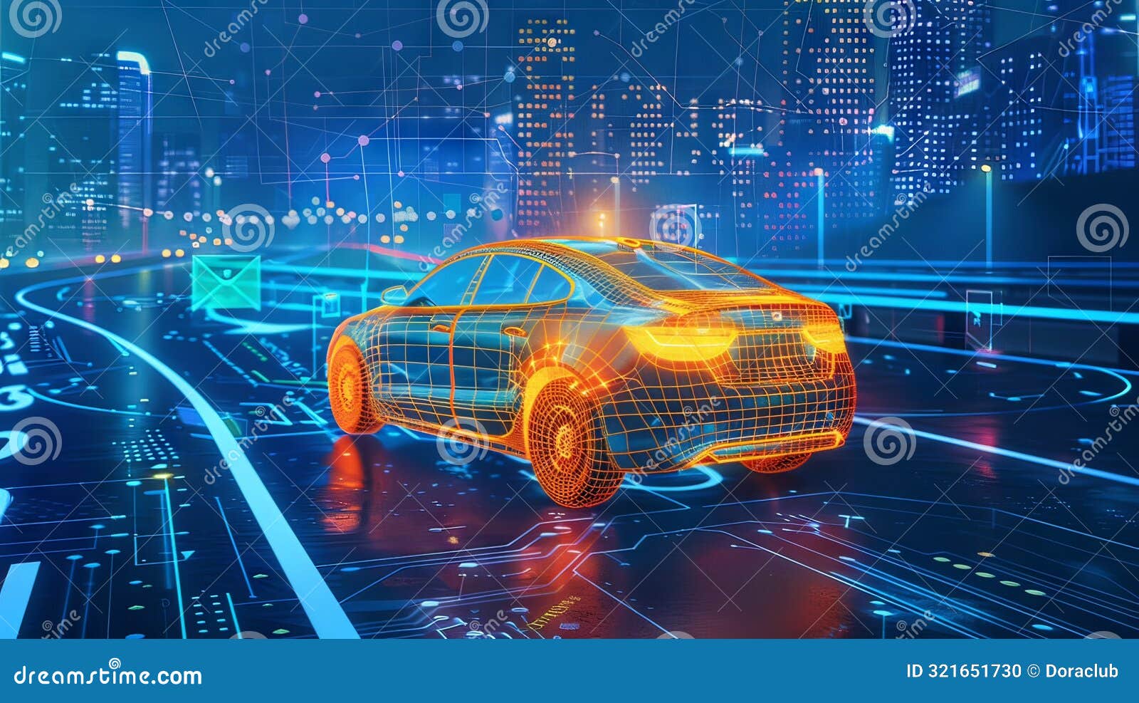 3D Rendering Of A Connected Autonomous Car With Network Lines And Nodes ...