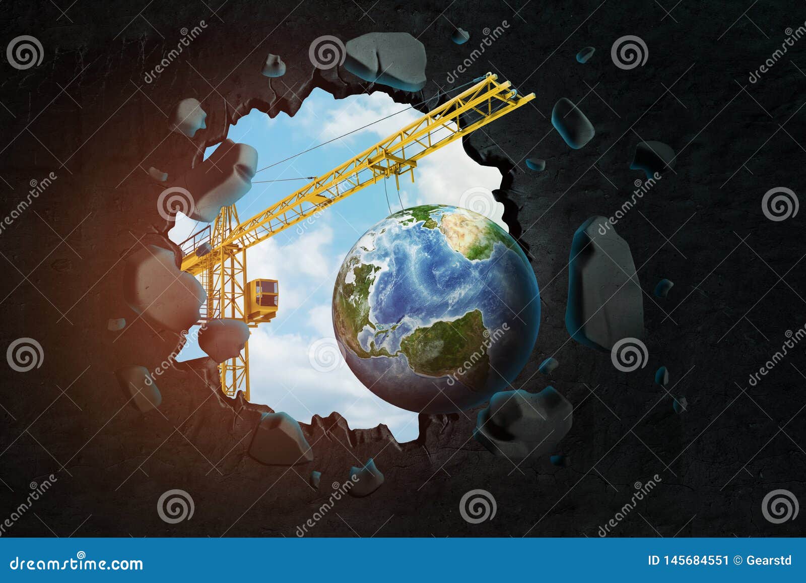 3d Rendering of Construction Crane and Earth Globe Breaking Black Wall ...