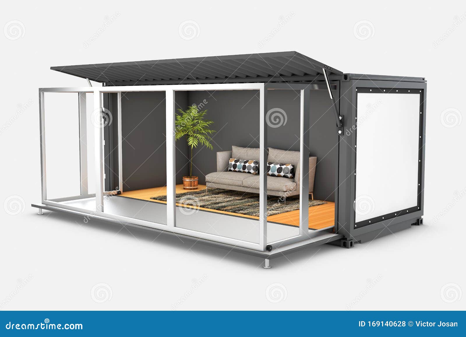 3d Rendering of Container House. Reuse Container for Livingroom Stock ...