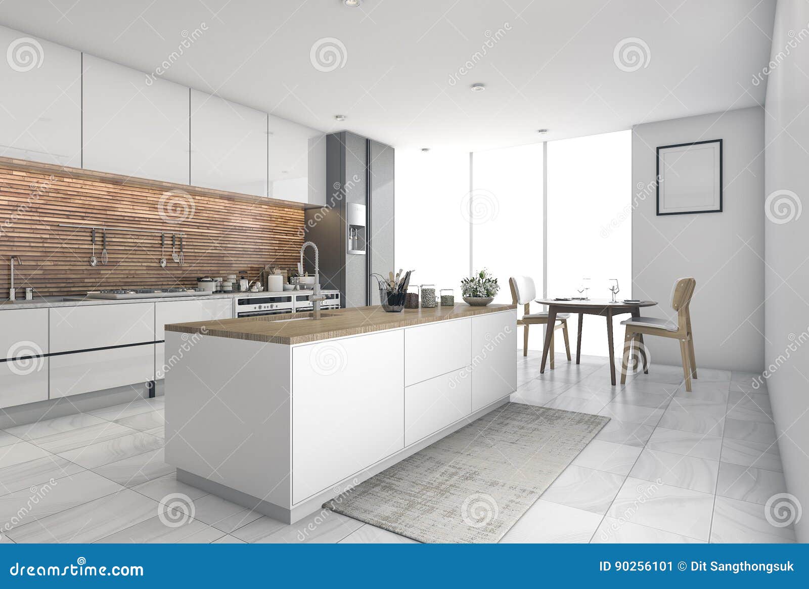 3d Rendering Contemporary Kitchen Bar in Dining Room Stock Illustration ...