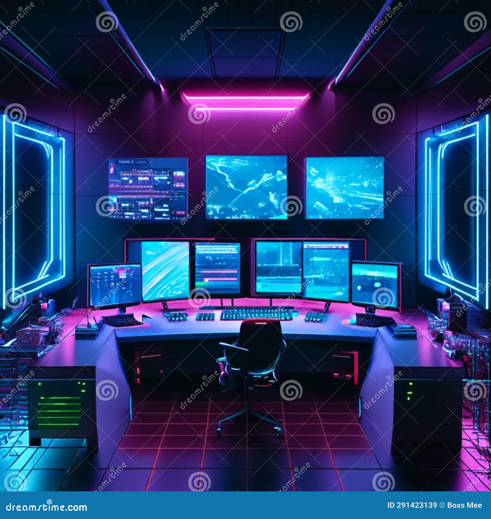 3D Rendering of the Control Room of a Gamer with a Lot of Monitors and ...