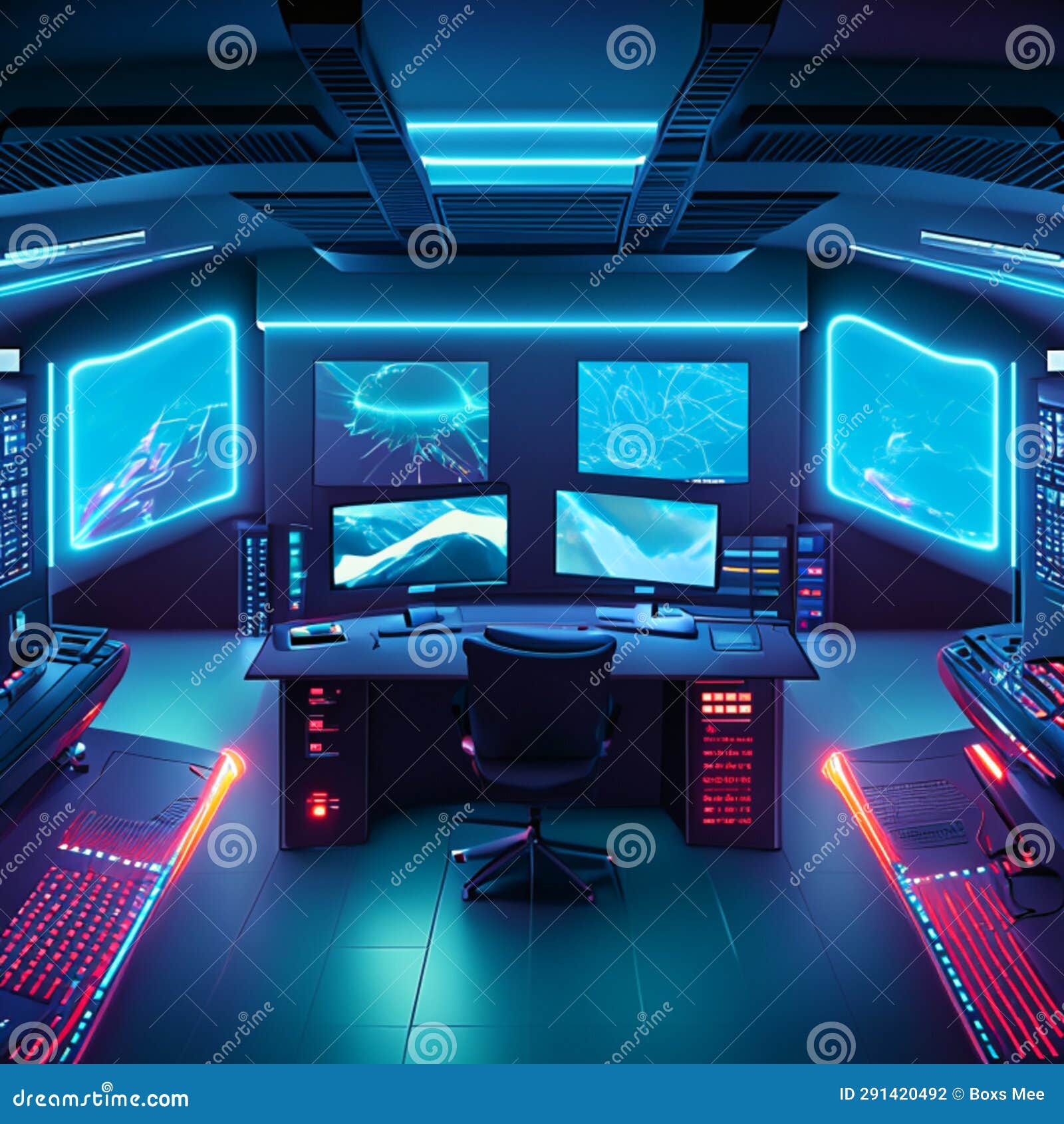 3D Rendering of the Control Room in a Spaceship with Blue Lights ...