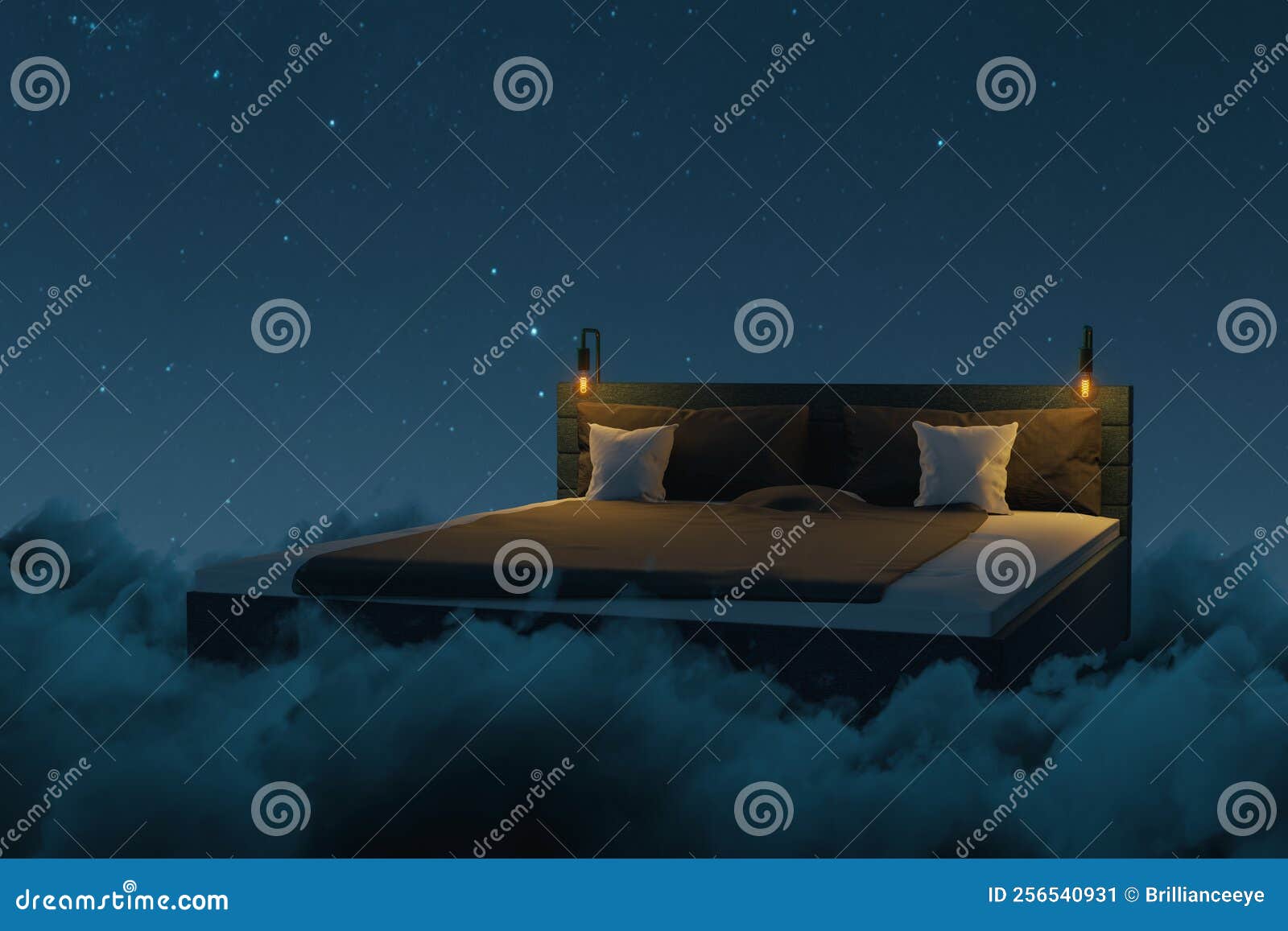 3d Rendering of Cozy Bed Over Fluffy Clouds at Night Stock Illustration ...