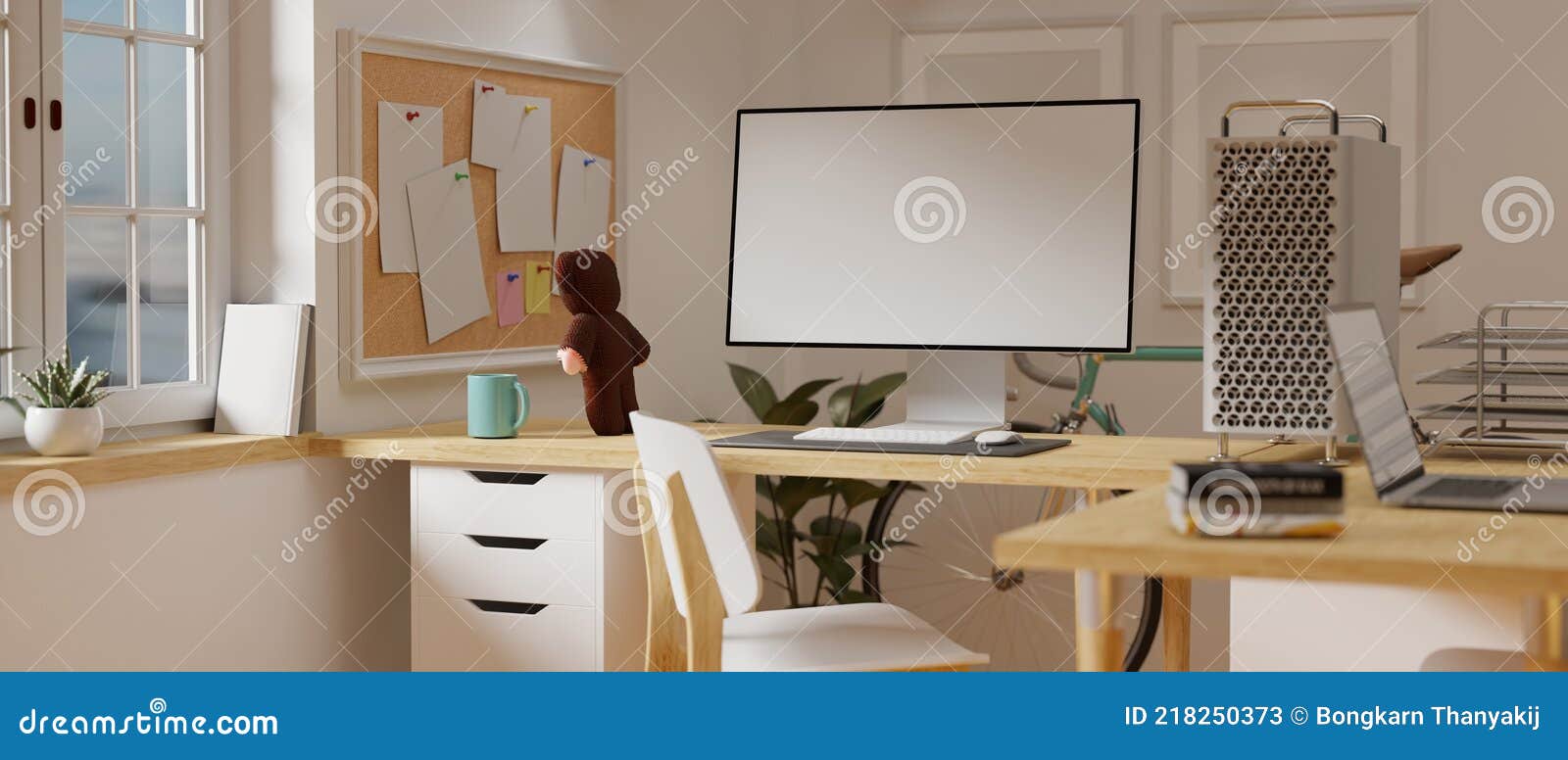 3D Rendering, Cozy Workspace with Computer, Supplies and Decorations ...