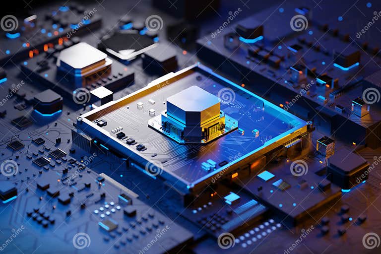 3D Rendering. CPU Central Computer Processors Cyber Technology Concept. Motherboard and Digital ...