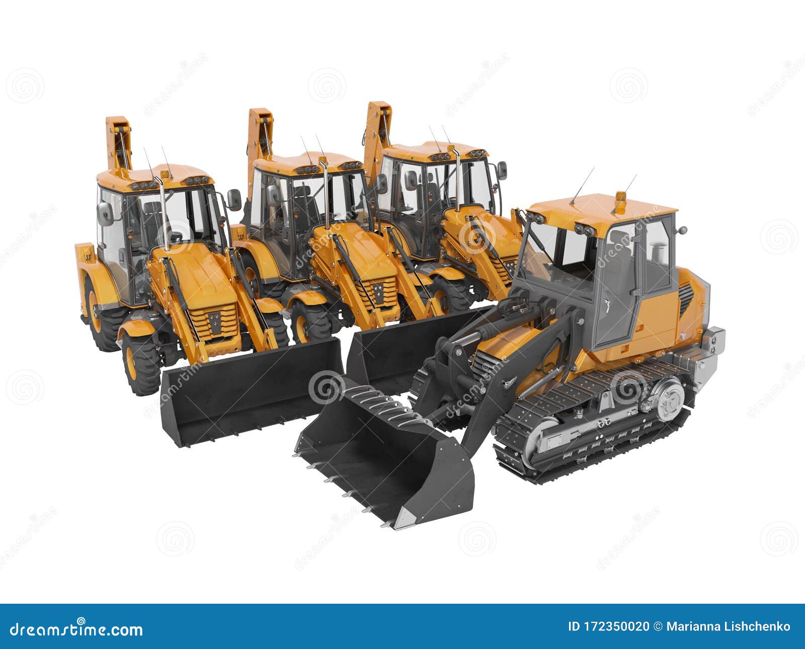 3D Rendering Of Crawler Excavator And Two Backhoe Loader On Blue ...