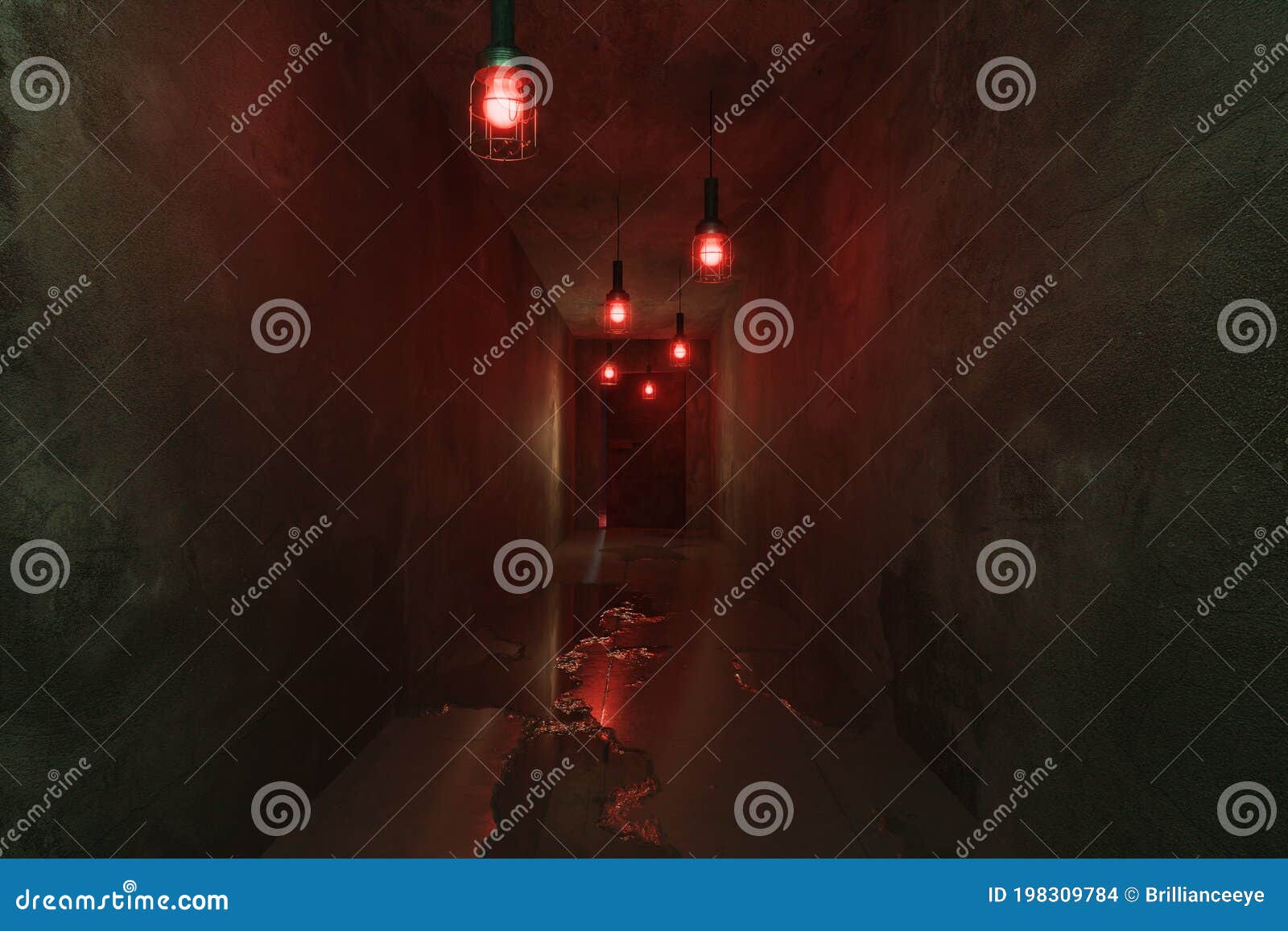 3d Rendering of Creepy Grunge Corridor with Hanging Light Bulbs Stock ...