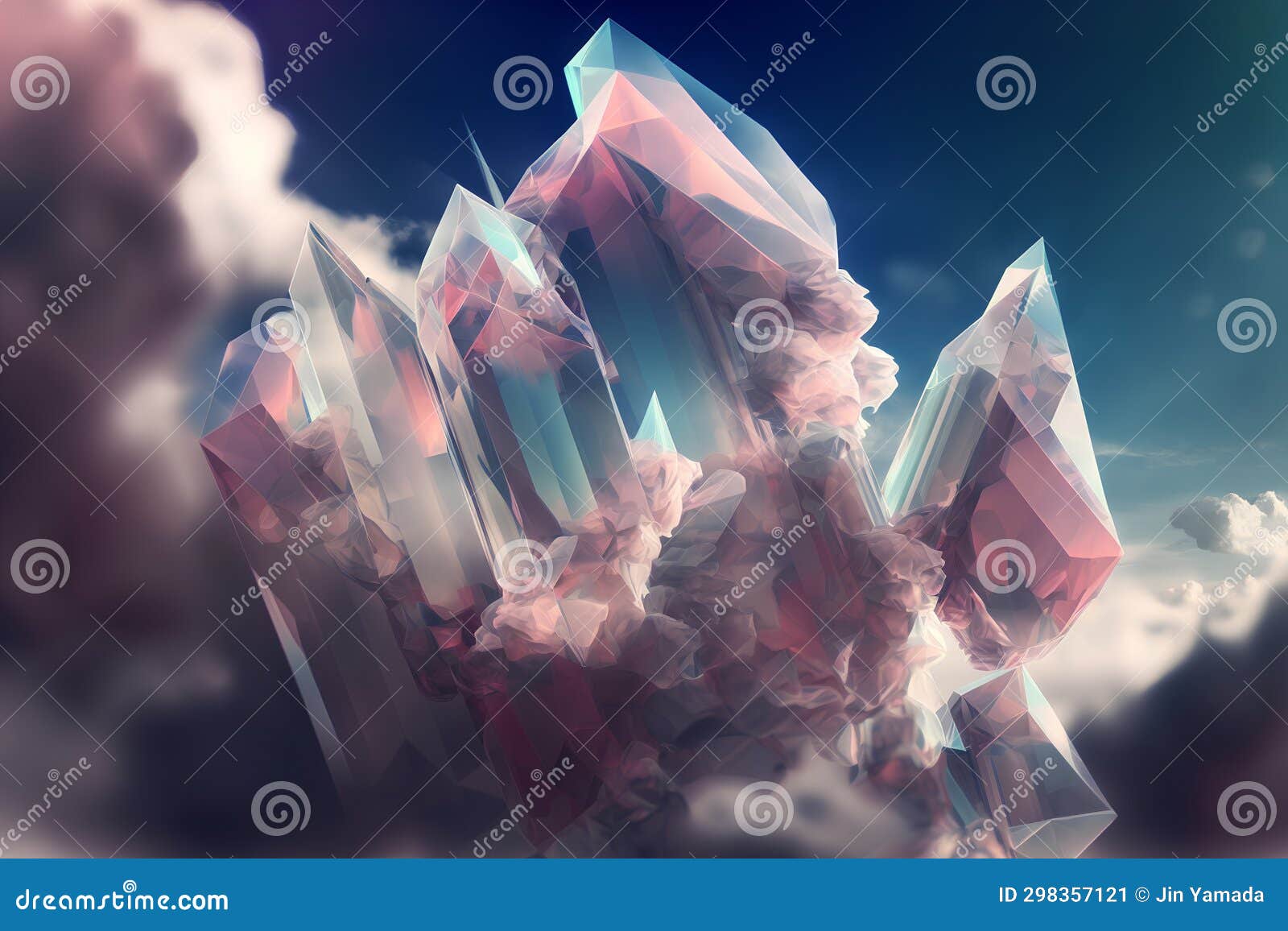 3d Rendering of Crystal Crystals in Cloudy Sky Background. Computer ...