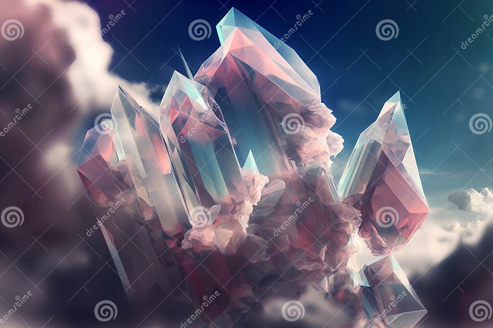 3d Rendering of Crystal Crystals in Cloudy Sky Background. Computer ...