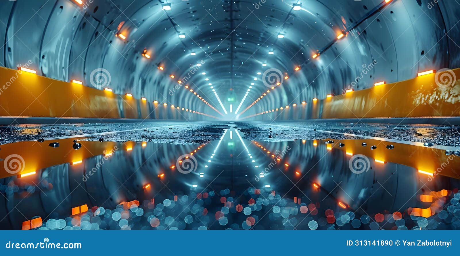 "D Rendering of a Curved Tunnel with Glowing Ceiling Lights Reflected ...