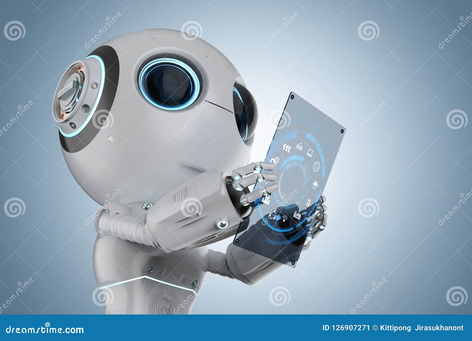 Mini robot with tablet stock illustration. Illustration of cyborg ...