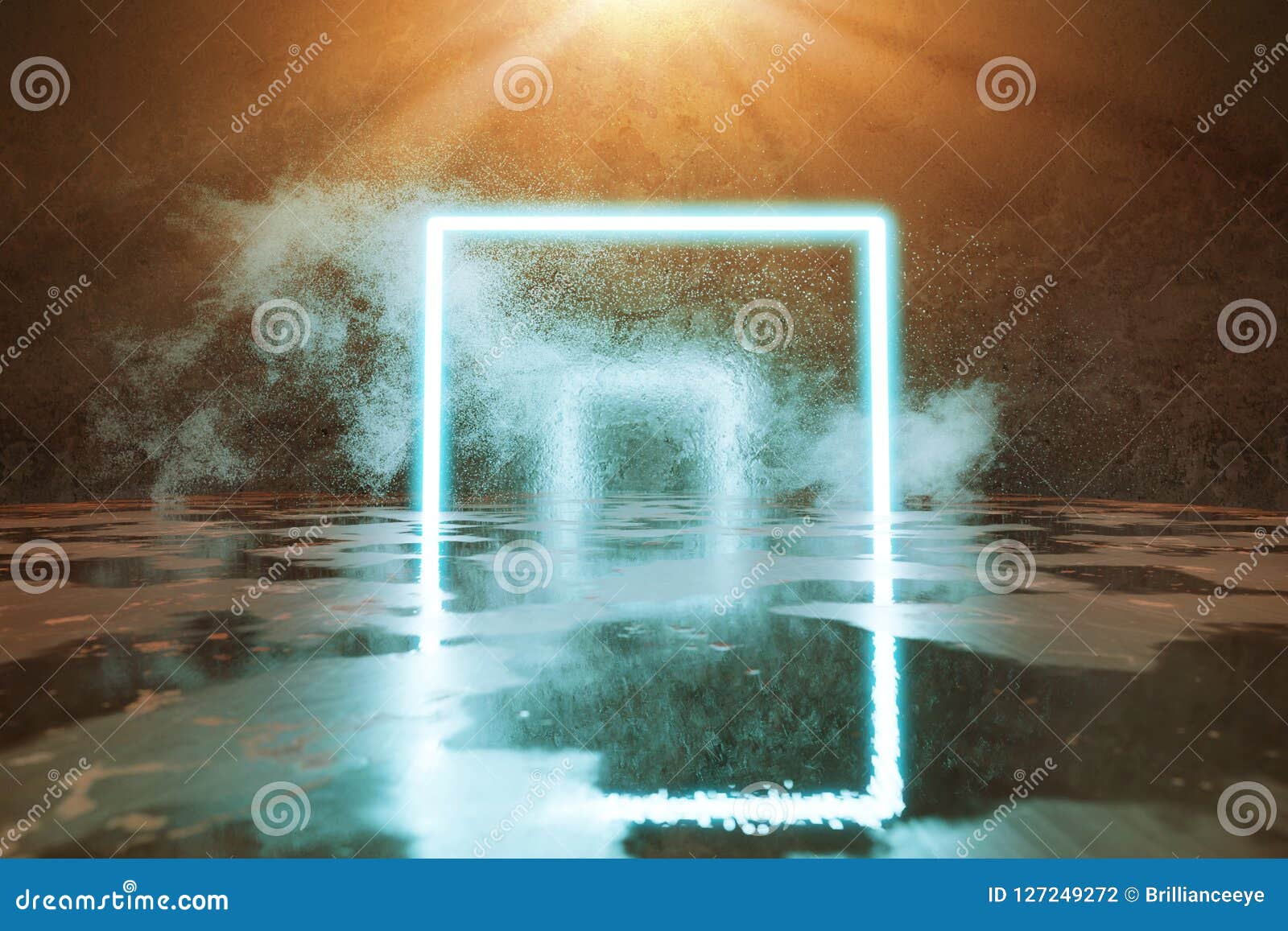 3d Rendering of Cyan Lighten Square Shape and Orange Light Beam Stock ...