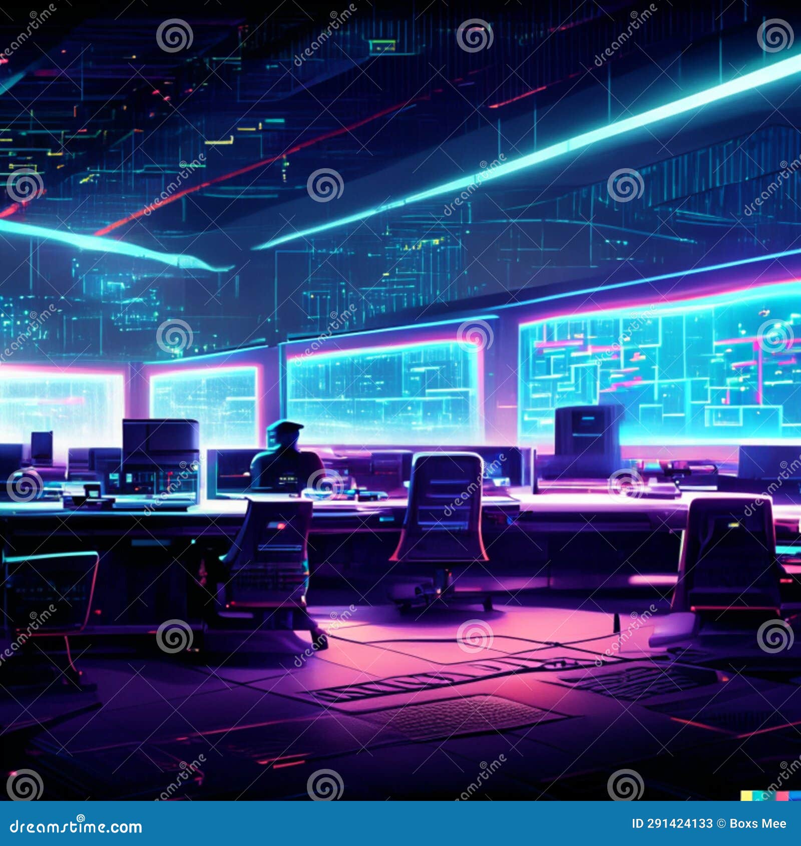 3d Rendering of Cyber Security Room with Neon Lights. Cyber Security ...