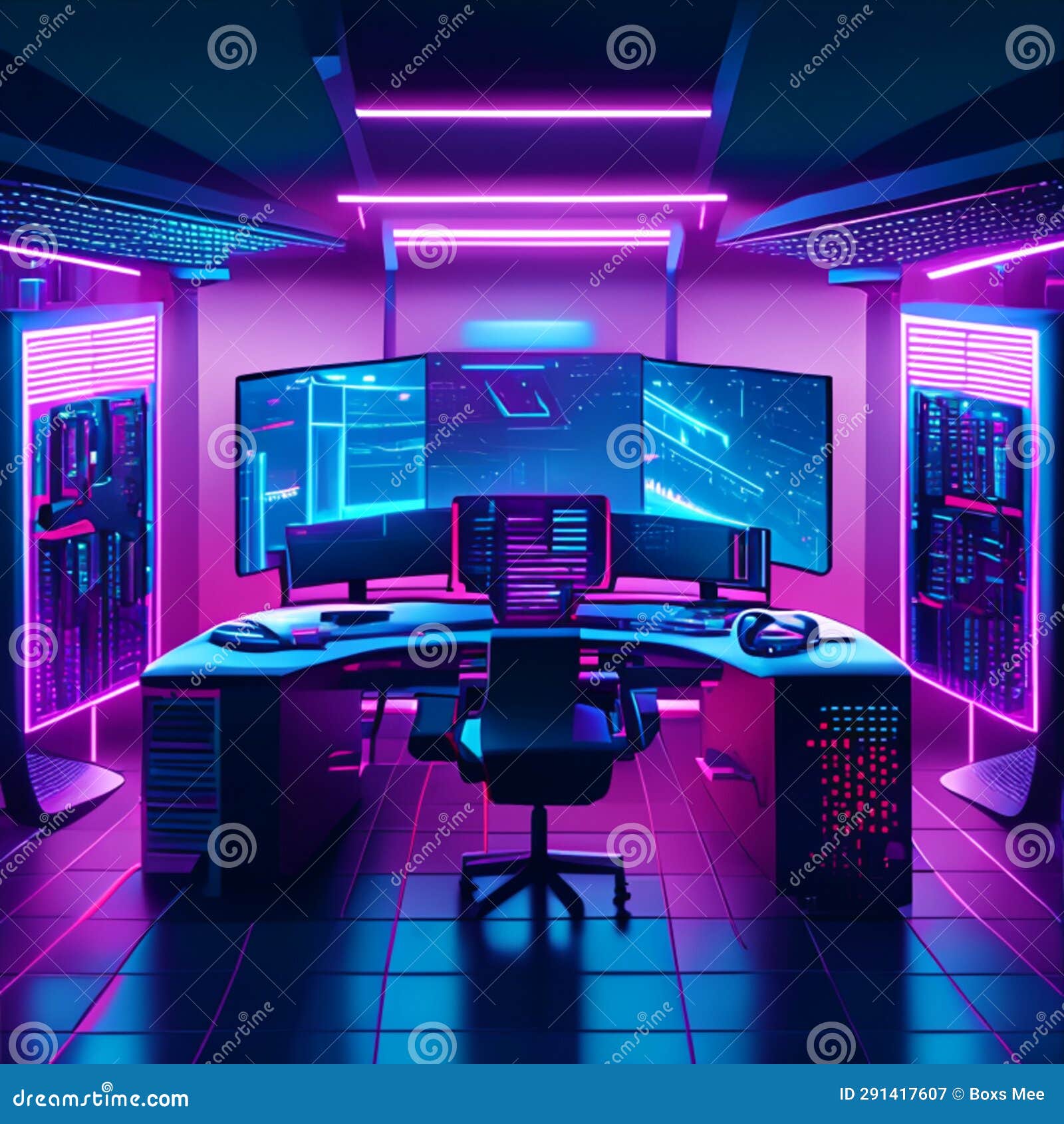 3D Rendering of a Cyber Space Room with Computer Monitors and Screens ...
