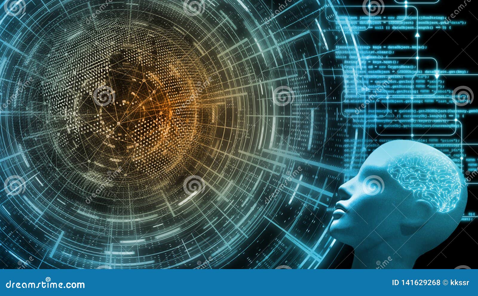 3D Rendering of Cybernetic Brain Human Cyborg`s Head Looking at Dotted ...