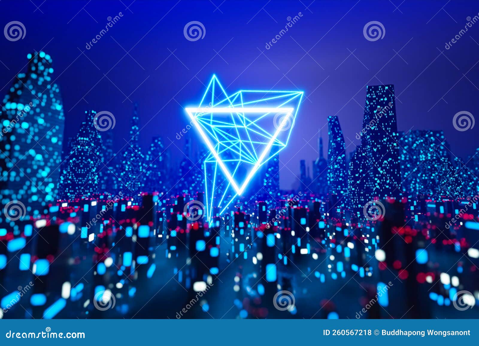 Cyberpunk Cityscape Night Scene with Triangle Geometry Neon Light Stock ...