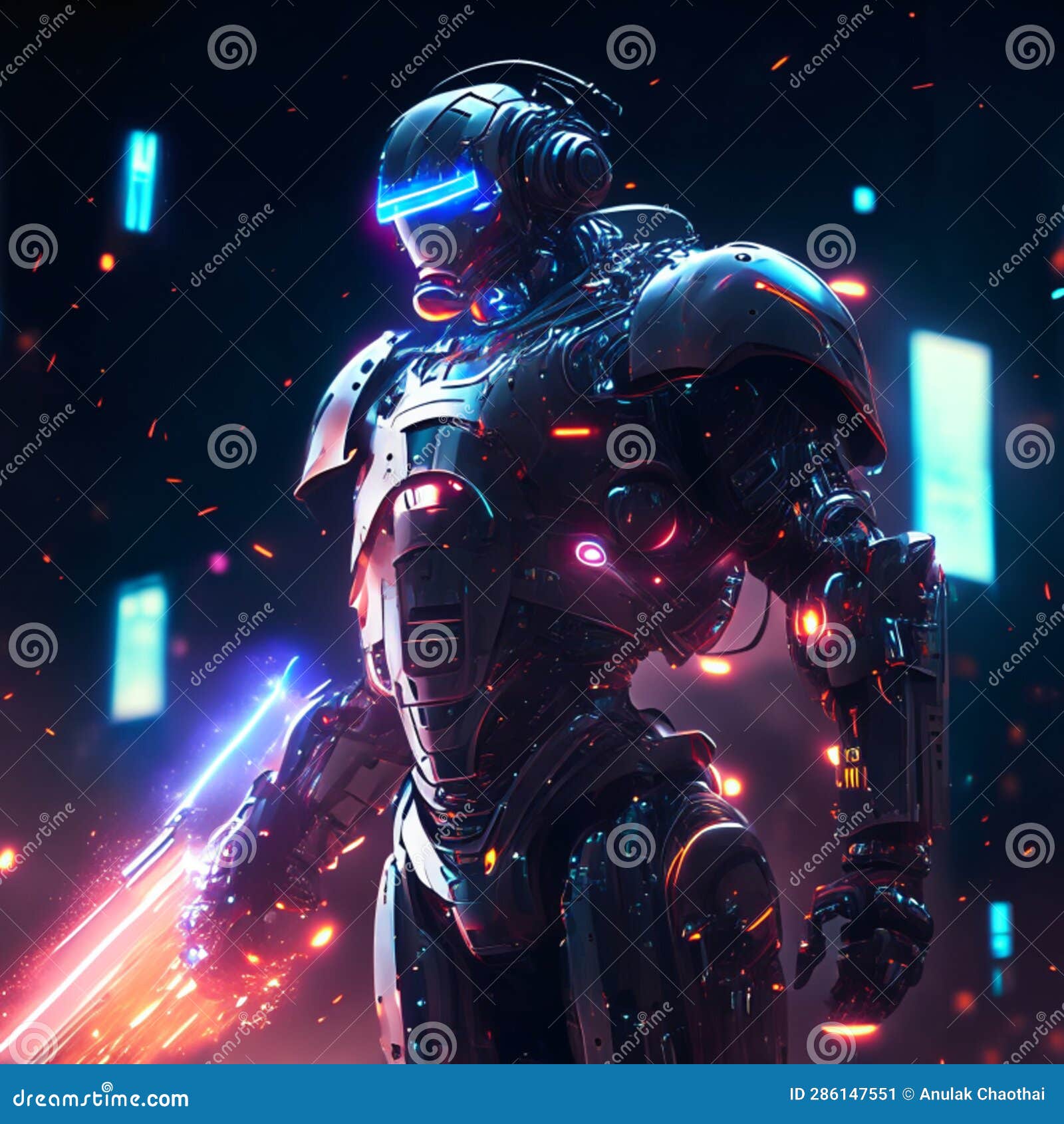 3D Rendering of a Cyborg in a Dark Space with Neon Lights Generative AI ...