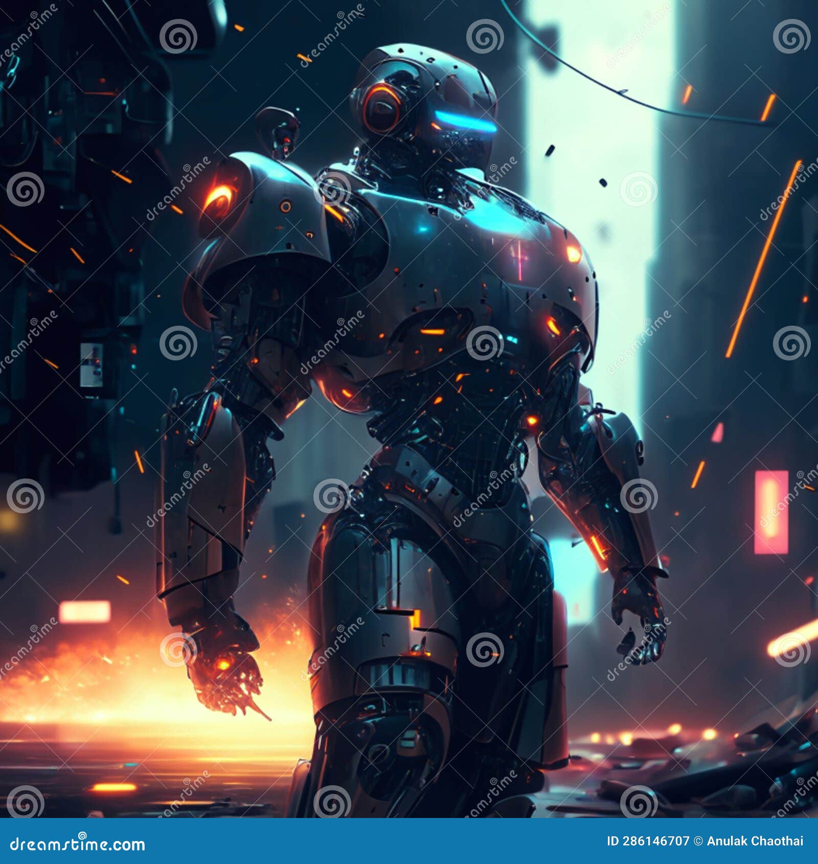 3D Rendering of a Cyborg with Fire on His Back. AI Generated Stock ...