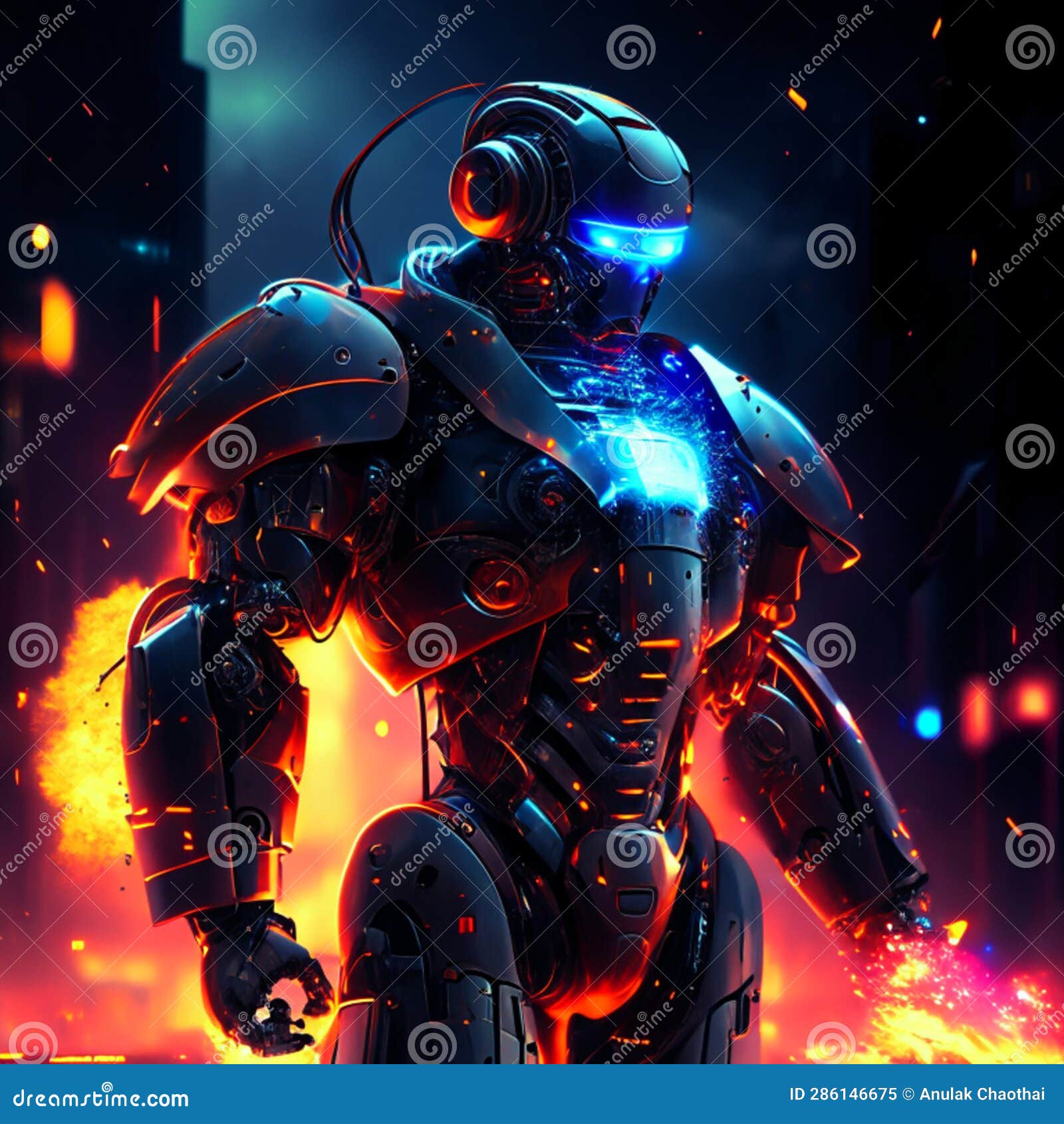 3D Rendering of a Cyborg in Front of a Fire Background AI Generated ...