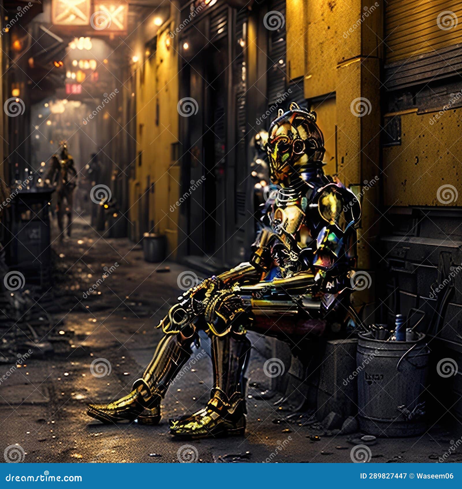 3D Rendering of a Cyborg Sitting on a Bench in the Street at Night ...