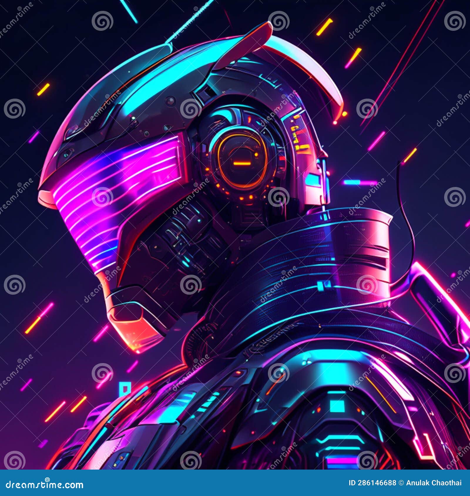 3d Rendering of Cyborg in Space with Neon Lights. 3d Illustration ...