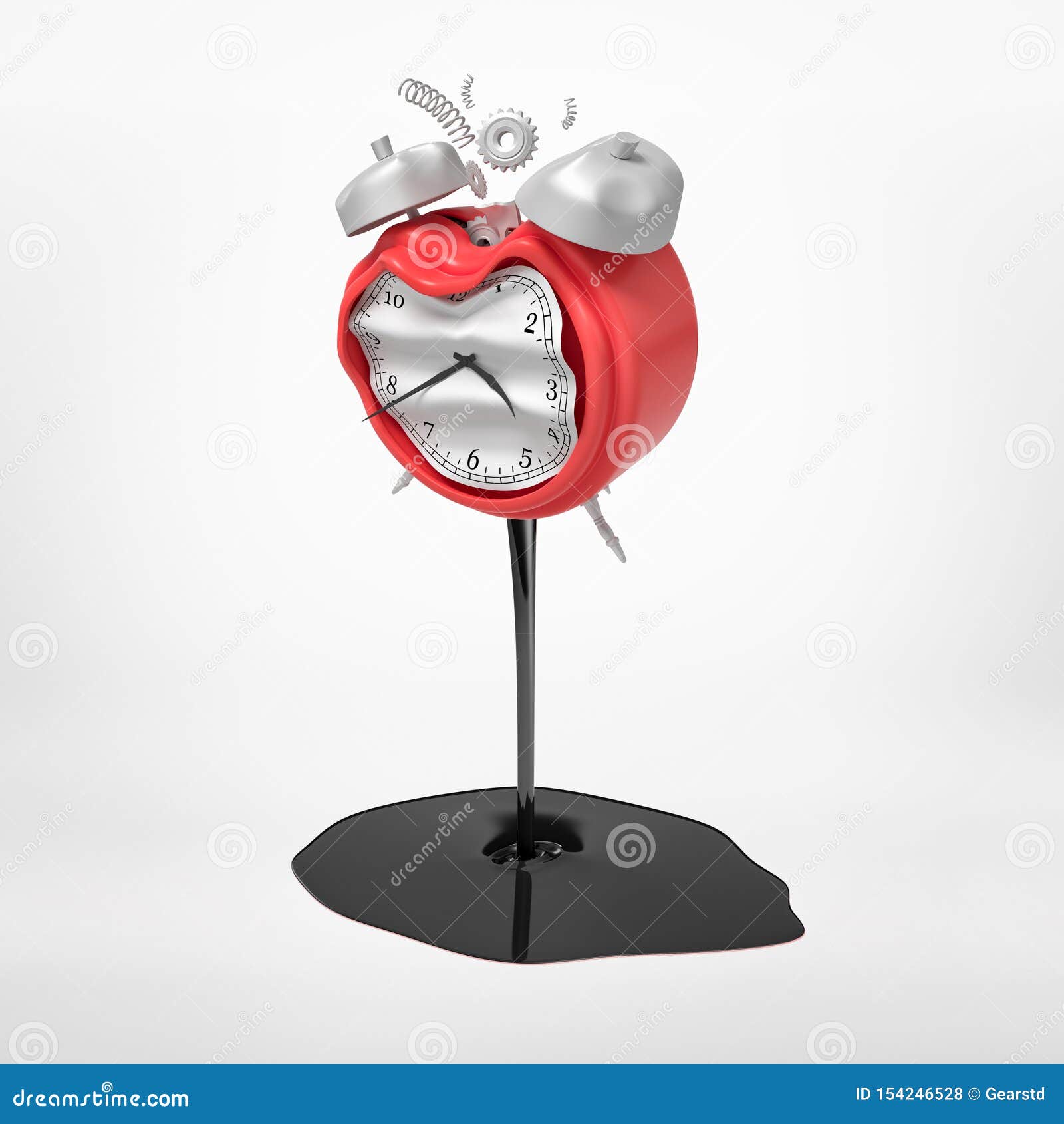 3d Rendering of Damaged Silver Red Alarm Clock with Black Thick Liquid ...