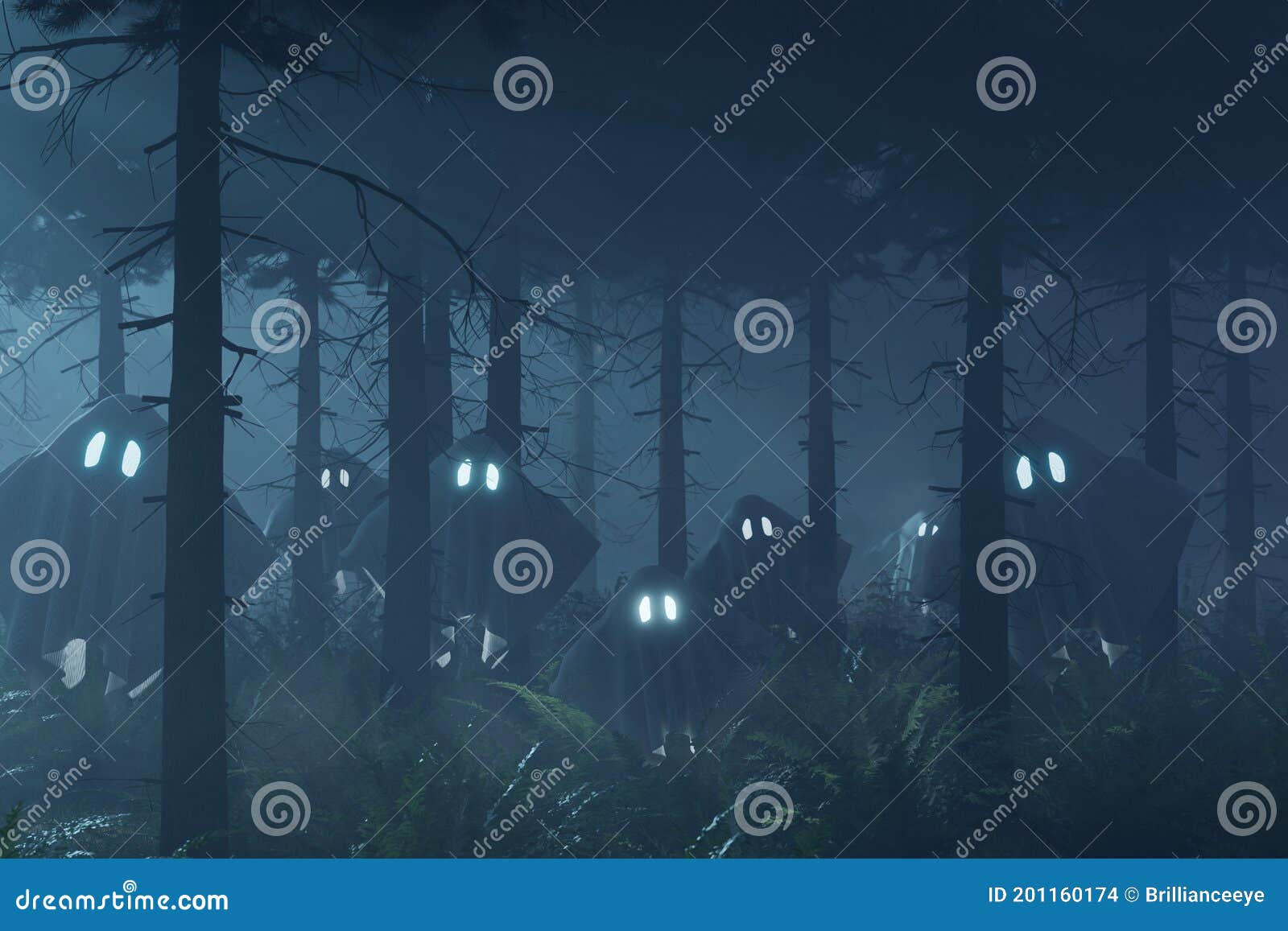 3d Rendering of Dark Forest with Flying Ghosts Stock Illustration ...