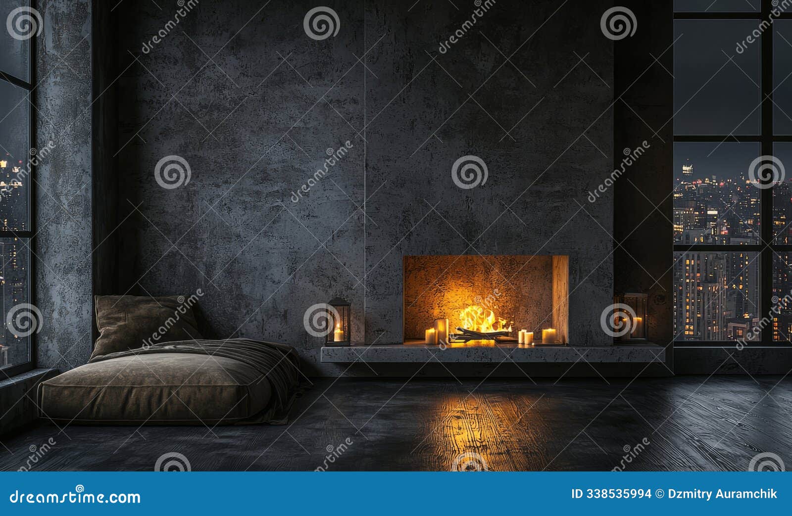 Dark Loft Master Bedroom With Large Windows. Trendy Gray Minimalistic ...