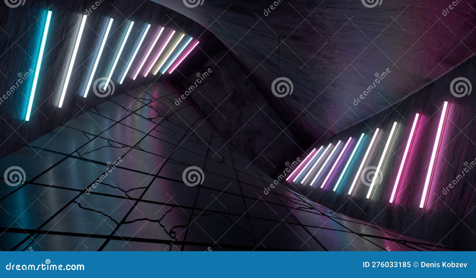 3d Rendering. Dark Long Corridor with Neon Lighting Along the Wall ...