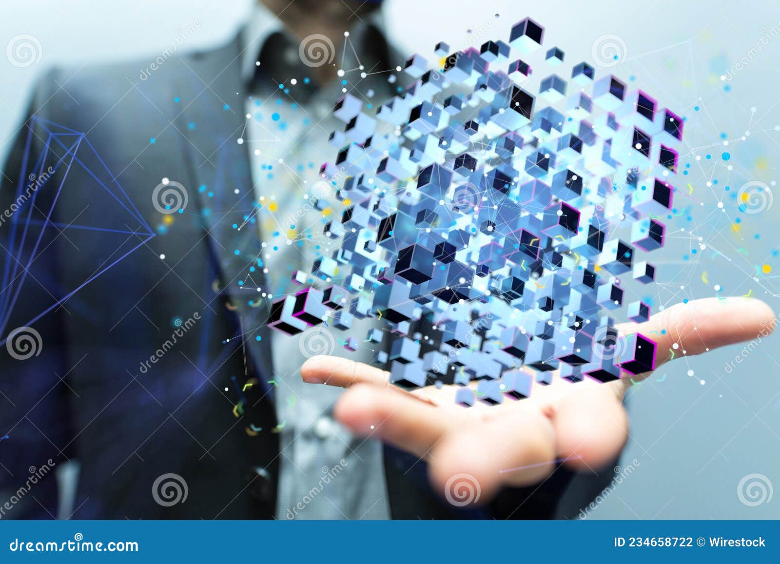 3D Rendering of Data Internet Infrastructure Concept Floating on a Man ...