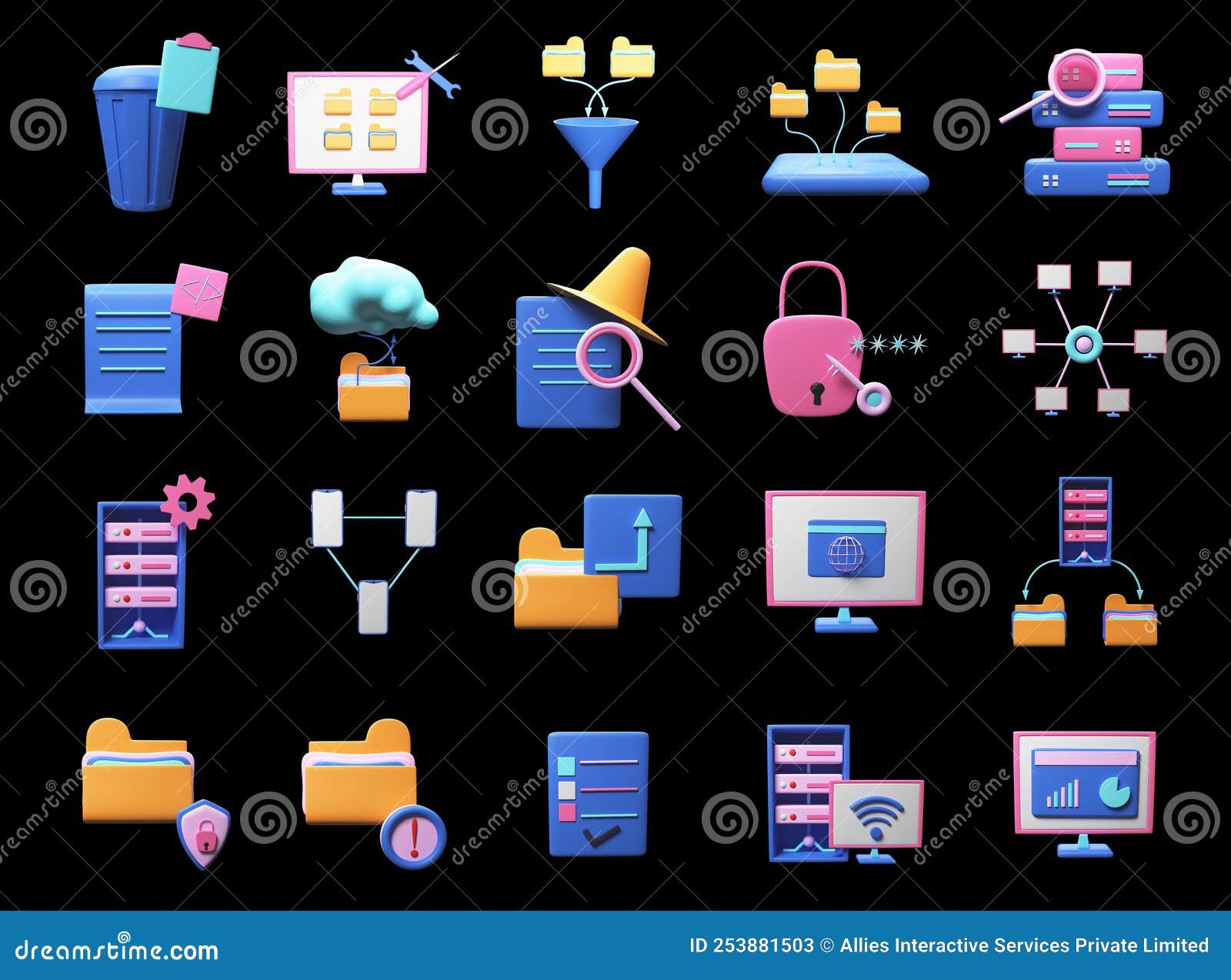 3D Rendering Data Management Platform Tools Collection Over Black Stock ...