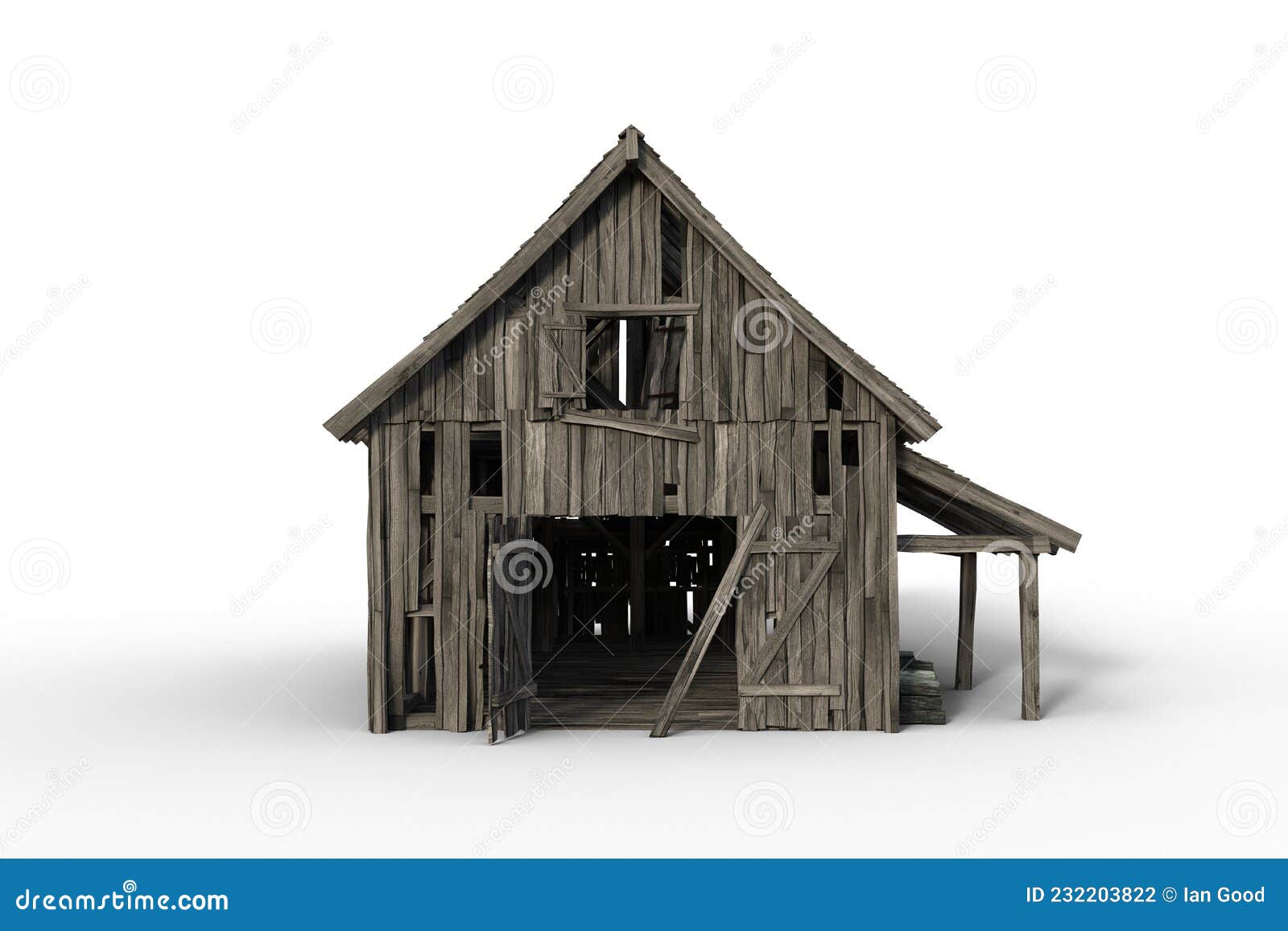 3D Illustration of a Decrepit Old Wooden Barn Viewed through Open Doors ...