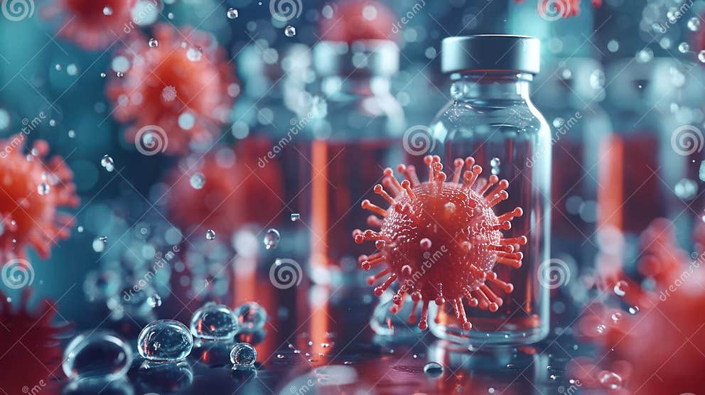 Immunization Concept: Vaccine and Virus in Liquid with Blurred Bubbles - 3D Rendering Stock ...