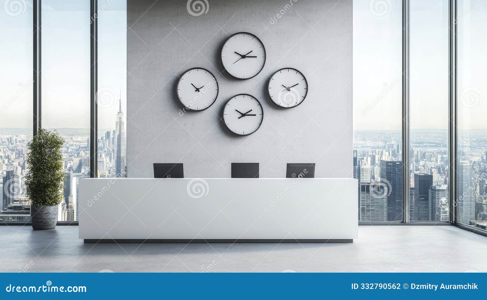 The 3D Rendering Depicts an Empty Office Reception with Three Clocks on ...