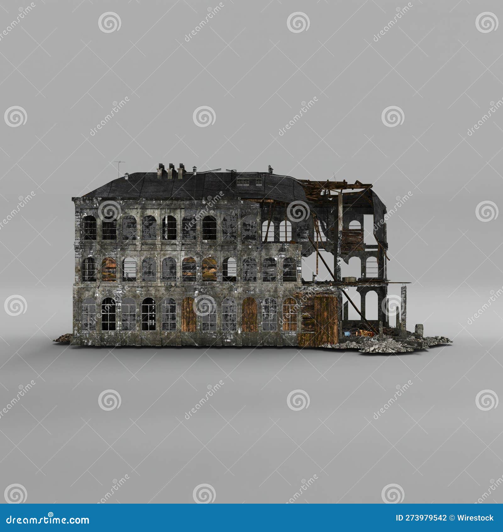 Dilapidated Three Story Building In Piles Of Destroyed Bricks Cartoon ...
