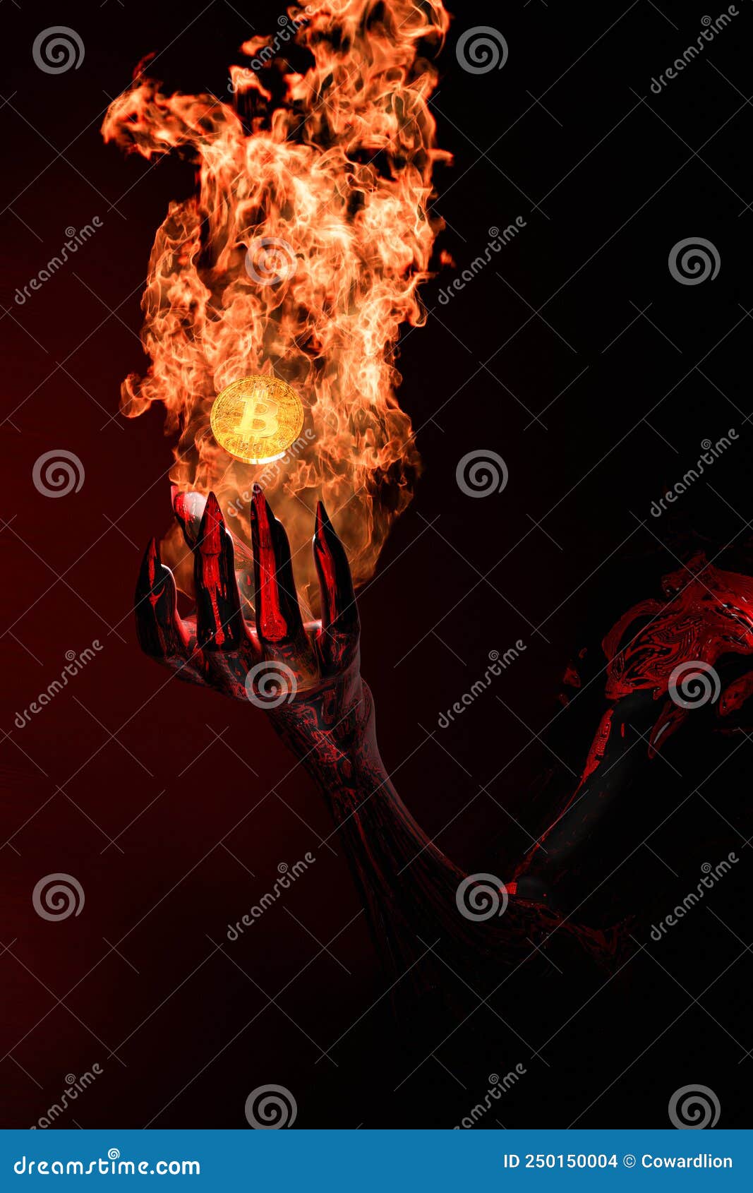 3D Rendering of a Devil Hand Burns a Golden Bitcoin with Hot Flame ...