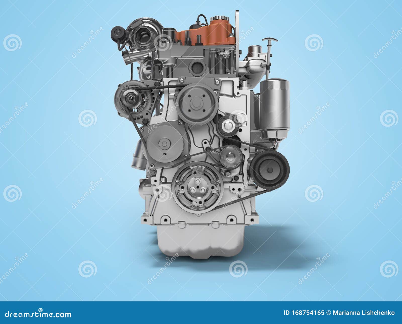 3D Rendering of Diesel Engine for Car Front View on Blue Background ...