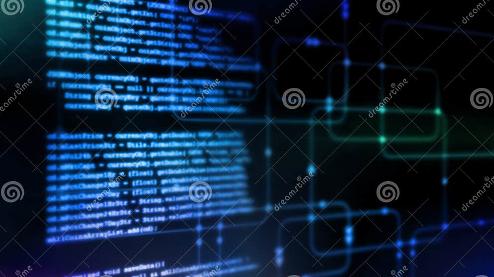 3D Rendering of Digital Abstract Technology. Programming Script Binary Coding Snippet on Glowing ...