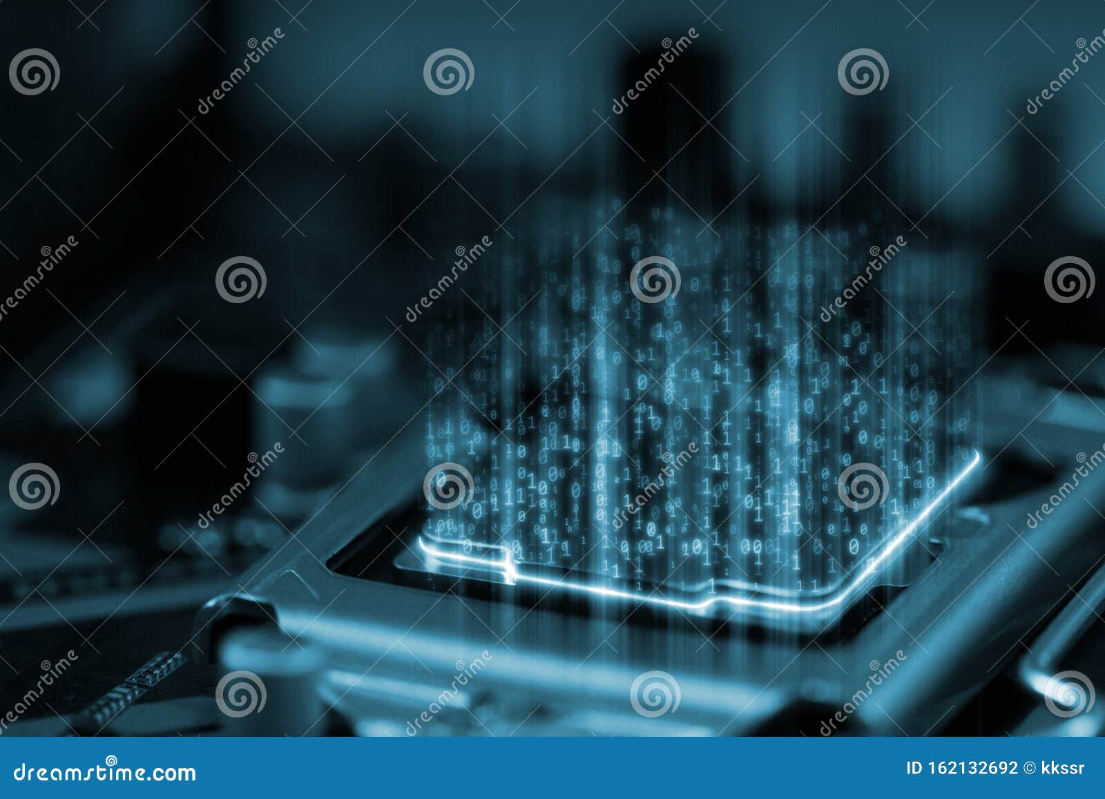 3d Rendering Of Digital Binary Data On Microchip With Glow Circuit