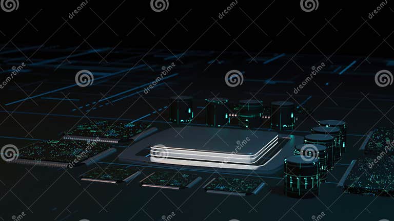 3d Rendering Of Digital Binary Data On Microchip With Glow Circuit