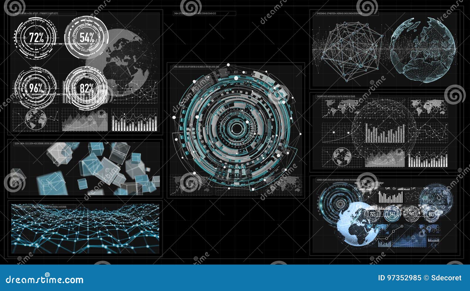 3D Rendering Digital Charts and Graph Hologram Screen Stock ...
