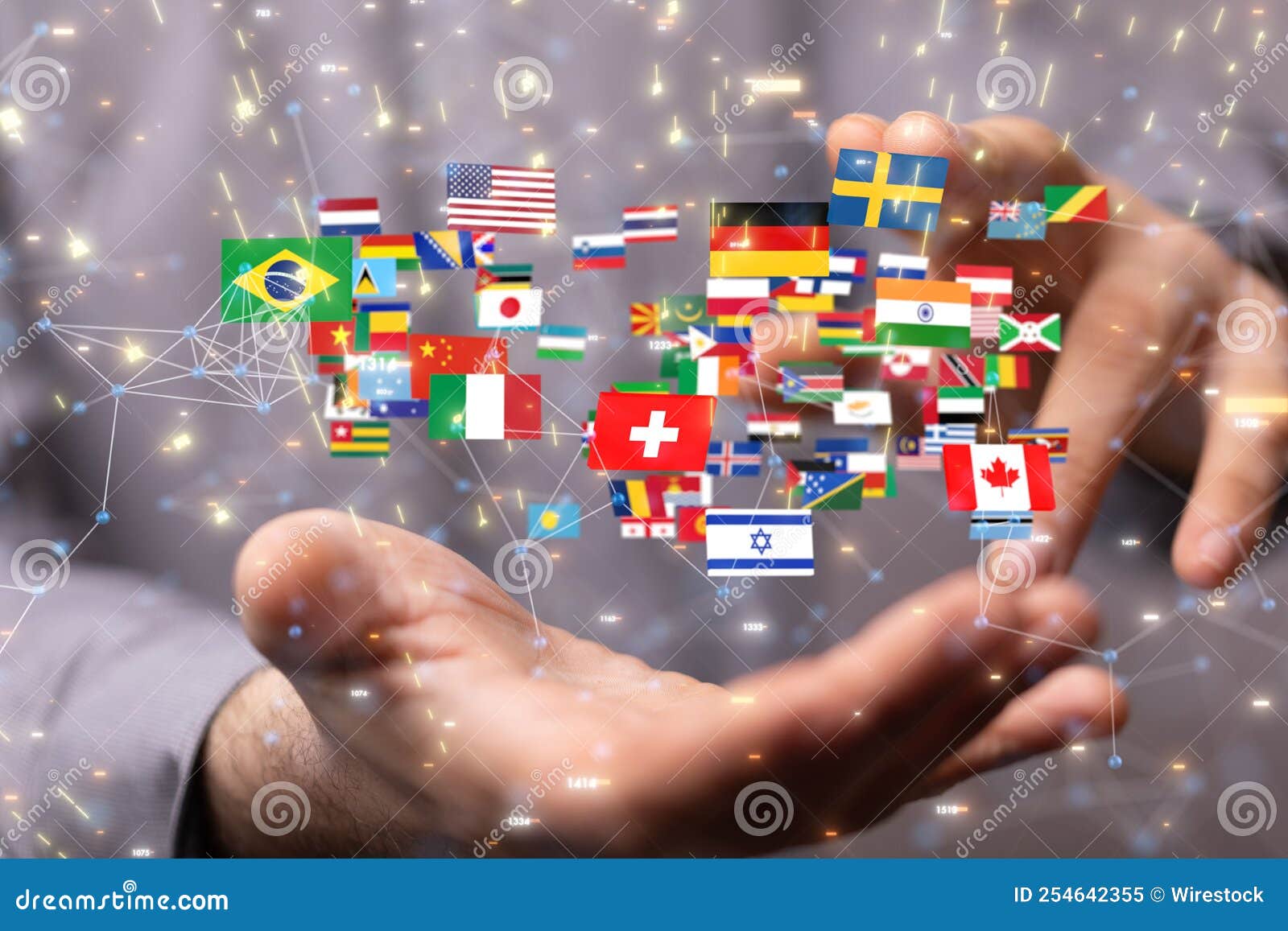 3d Rendering Of Digital Figures Of World Flags Above Businessmans Hands ...