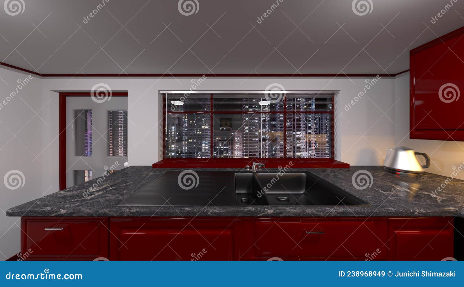 3D Rendering of the Dining Kitchen with Night View Stock Illustration ...