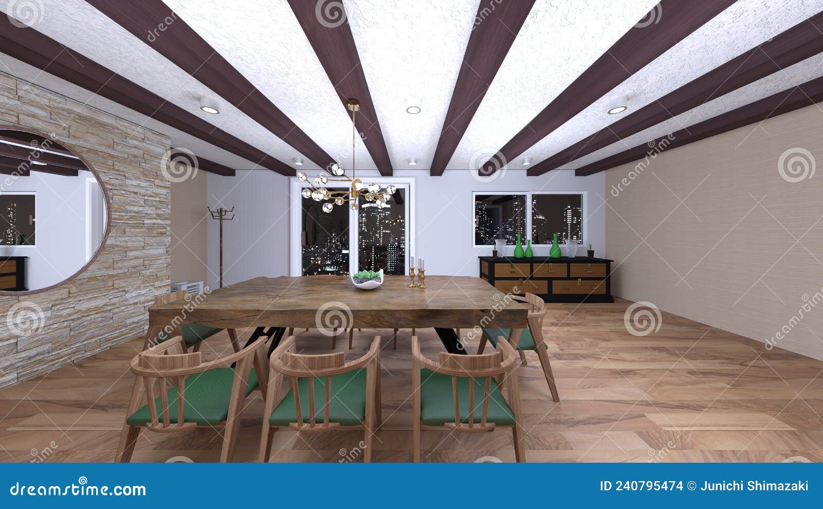 3D Rendering of the Dining Room with Night View Stock Illustration ...