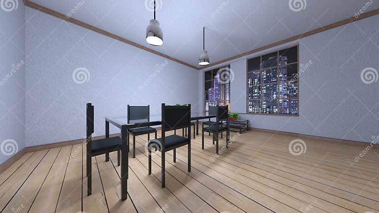 3D Rendering of the Dining Room with Night View Stock Illustration ...